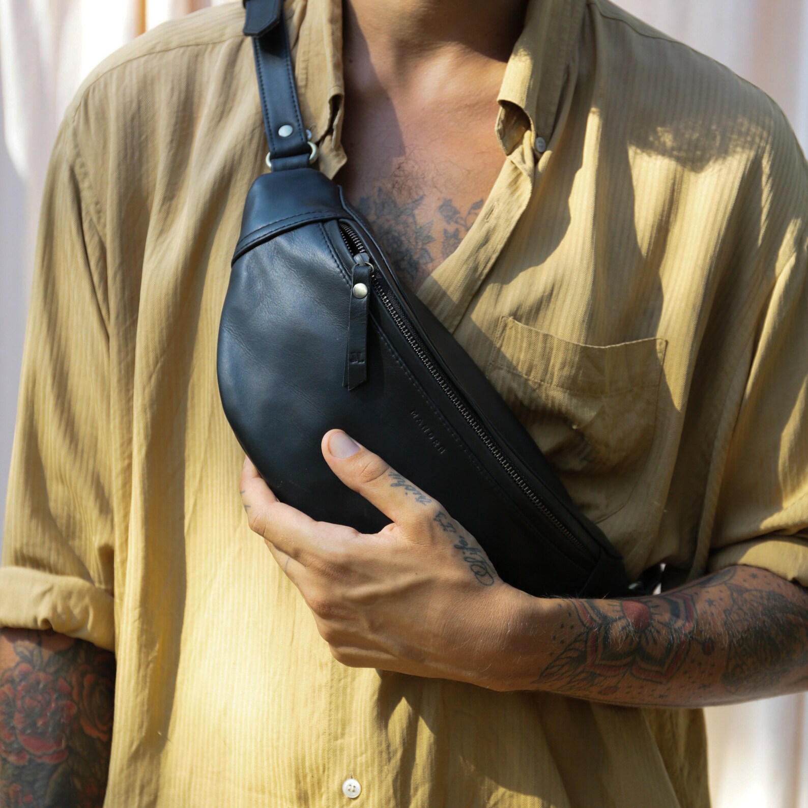 Black Leather Fanny Pack Leather Crossbody Bag Large Hip | Etsy