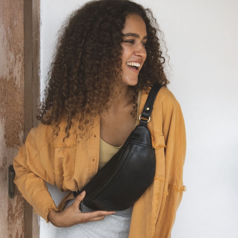 Black Leather Fanny Pack Leather Crossbody Bag Large Hip | Etsy