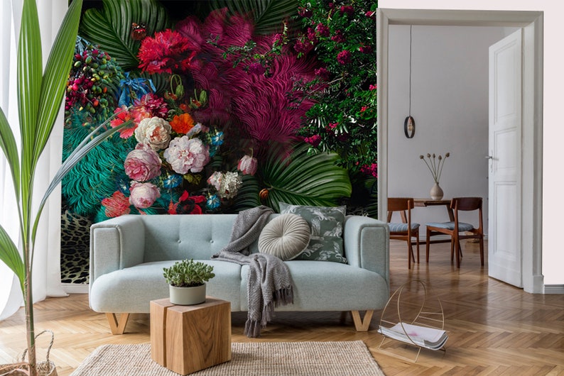 Colorful Floral Wallpaper Large Flowers Botanical Wallpaper | Etsy