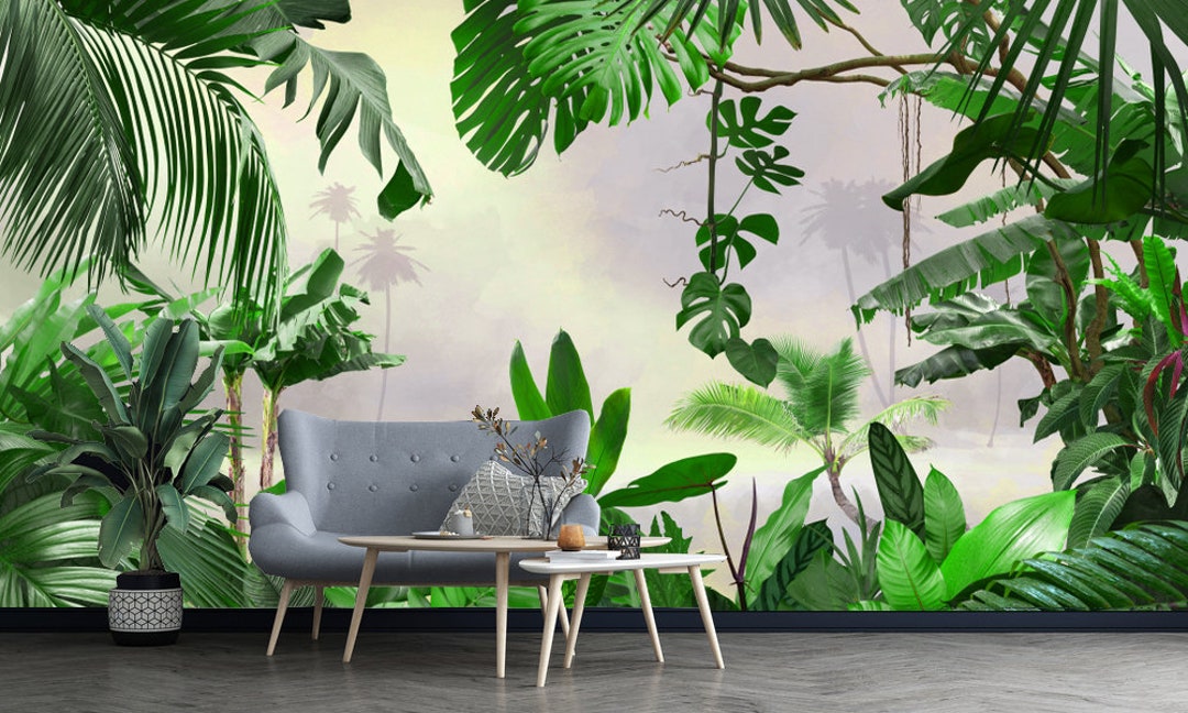 Large Tropical Rainforest Wallpaper, Palm Trees, Peel and Stick Green ...