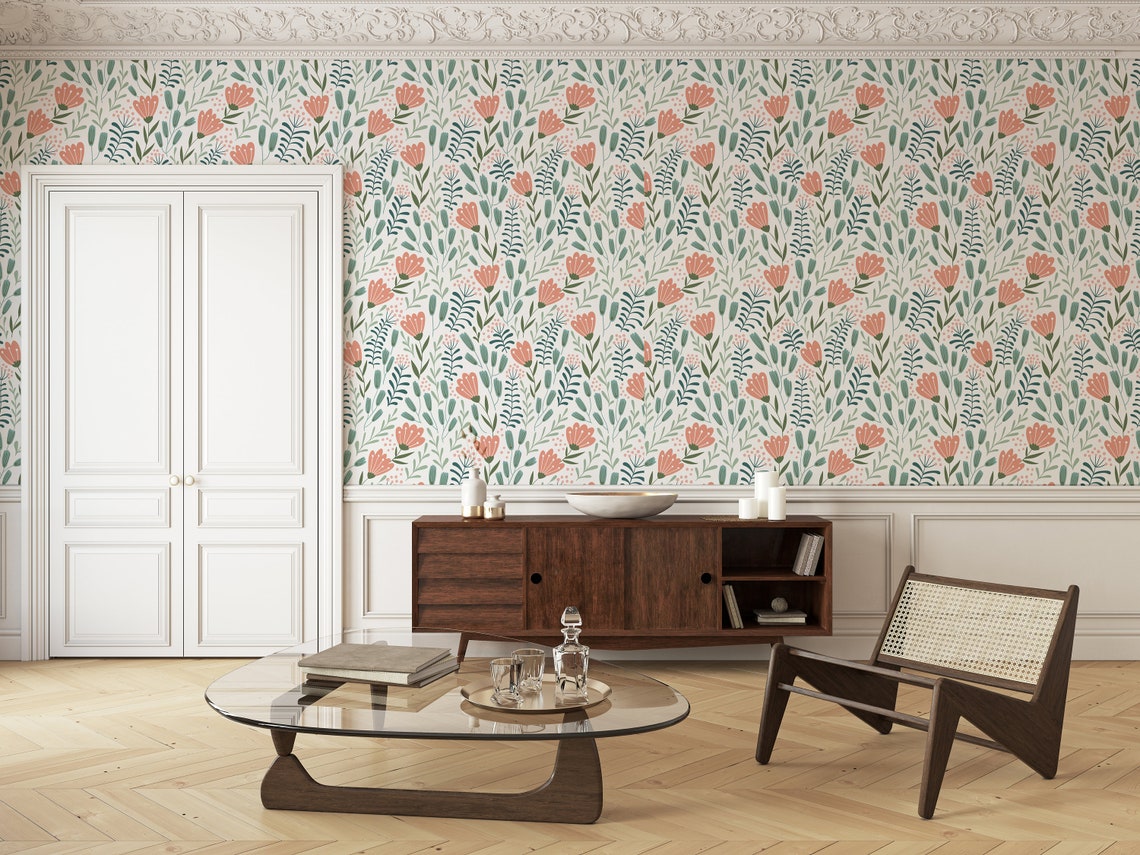 Removable Floral Wallpaper Hand Drawn Wild Flowers Removable - Etsy