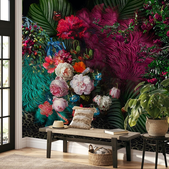 Colorful Floral Wallpaper Large Flowers Botanical Wallpaper | Etsy