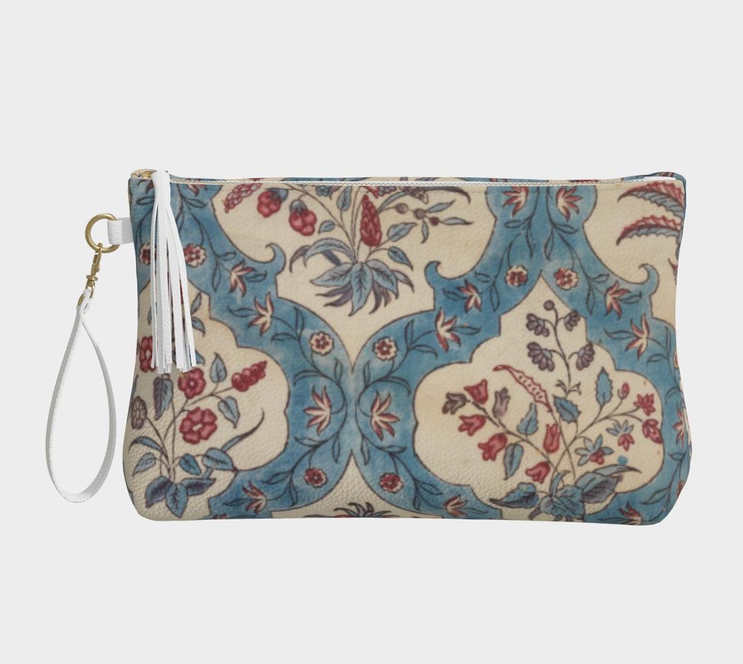 Cerulean and Cream Antique French Floral Textile Vegan Leather Tassel ...