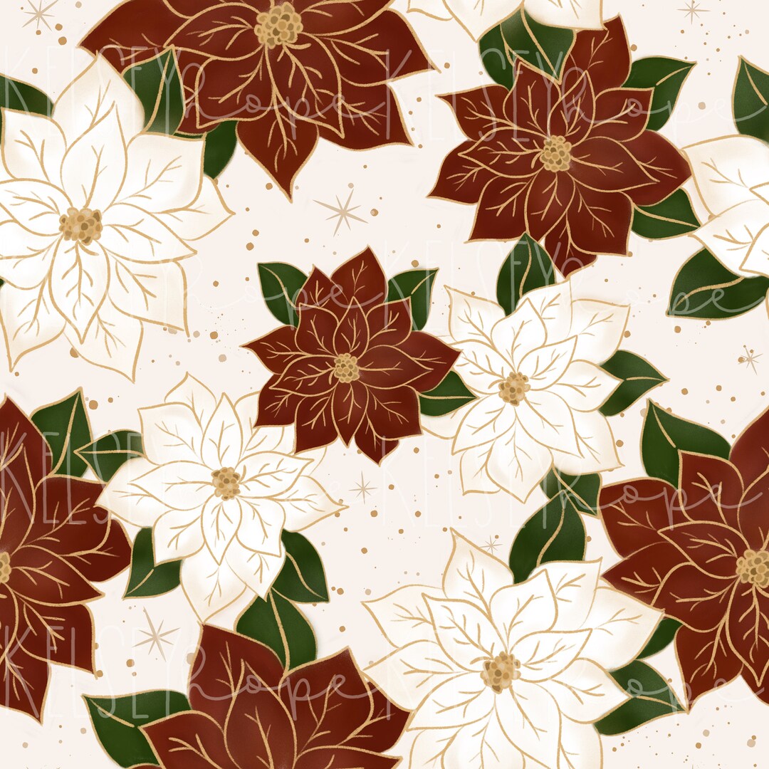 Poinsettias Vintage Christmas SEAMLESS PATTERN Hand Illustrated ...