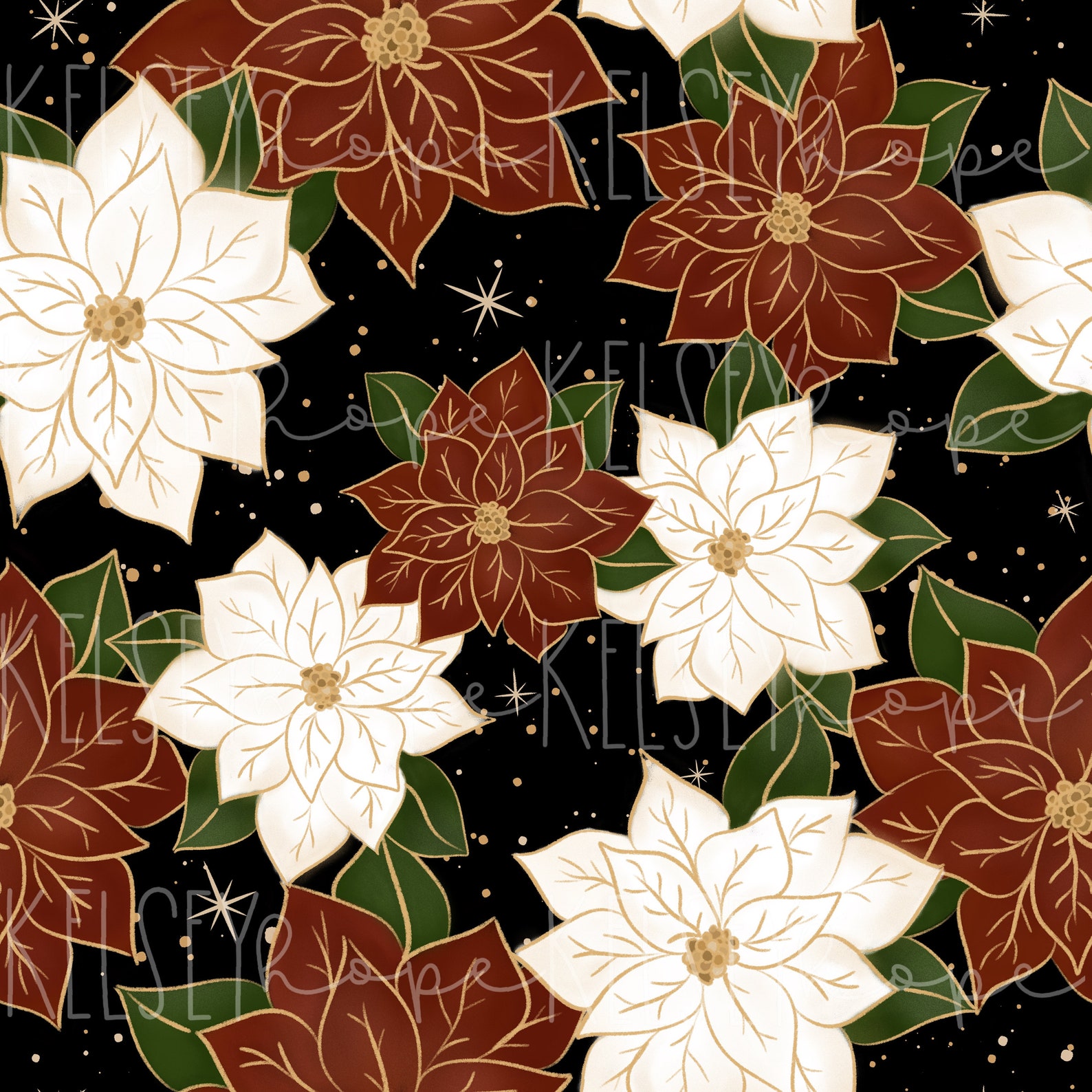 Poinsettias on Black Christmas SEAMLESS PATTERN Hand Illustrated ...