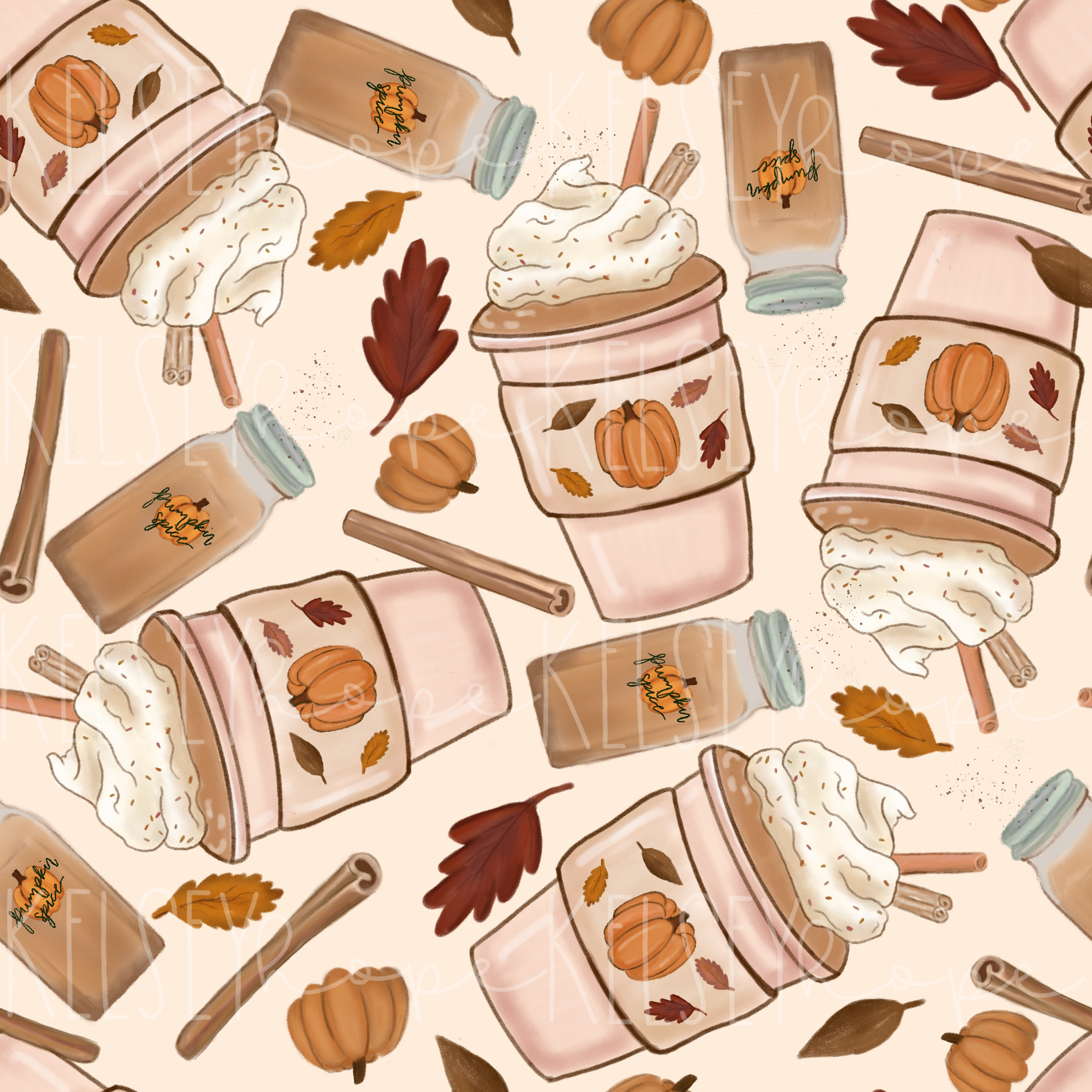 Pumpkin Spice Latte Fall Cute SEAMLESS PATTERN Hand Illustrated ...