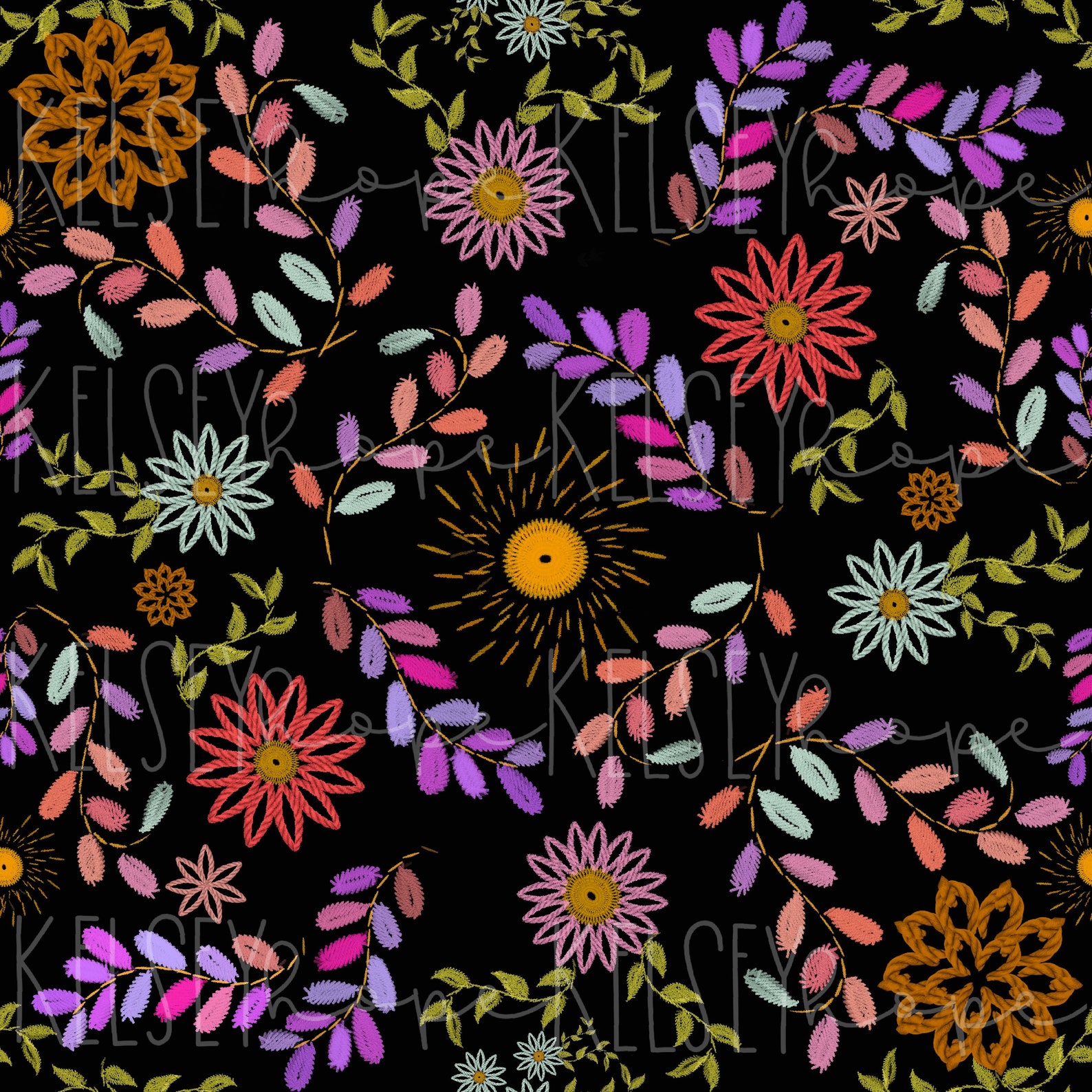 Floral Fiesta Embroidery SEAMLESS PATTERN Hand Illustrated. Digital ...