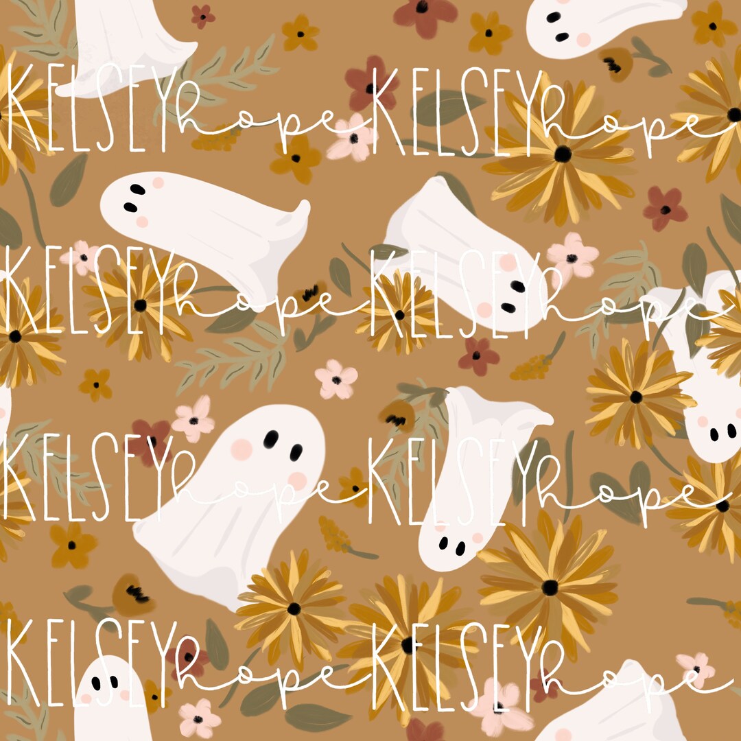 Fall Ghosts Floral Sunflowers Cute SEAMLESS PATTERN Hand Illustrated ...