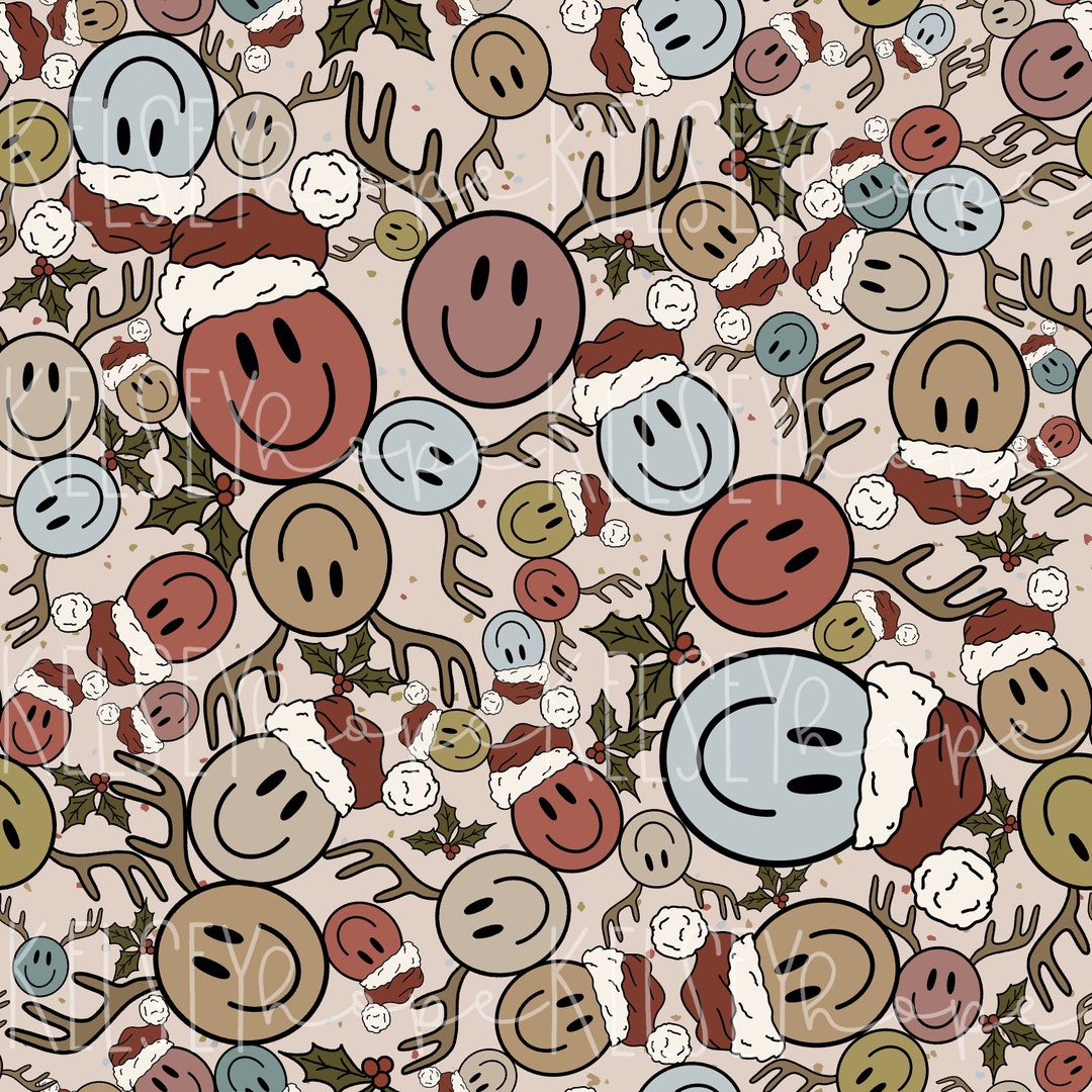 Happy Christmas Retro Smiley Faces SEAMLESS PATTERN Hand Illustrated ...