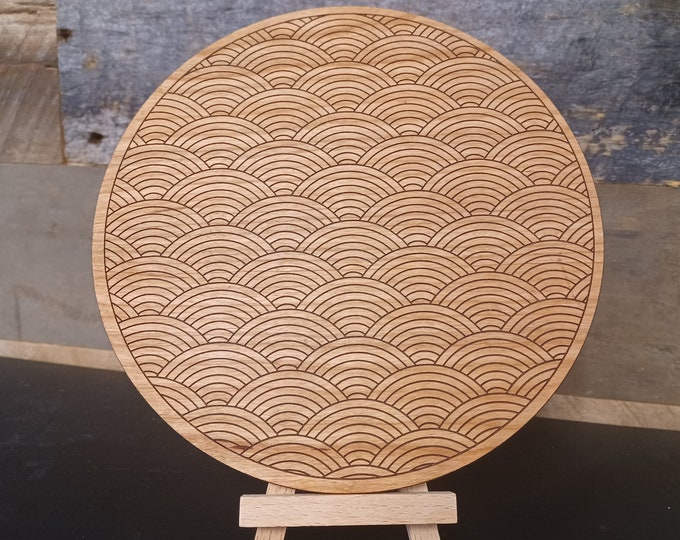 8" Circular Wood Japanese Wave Pattern Art - Minimalist Seigaiha Wagara ...
