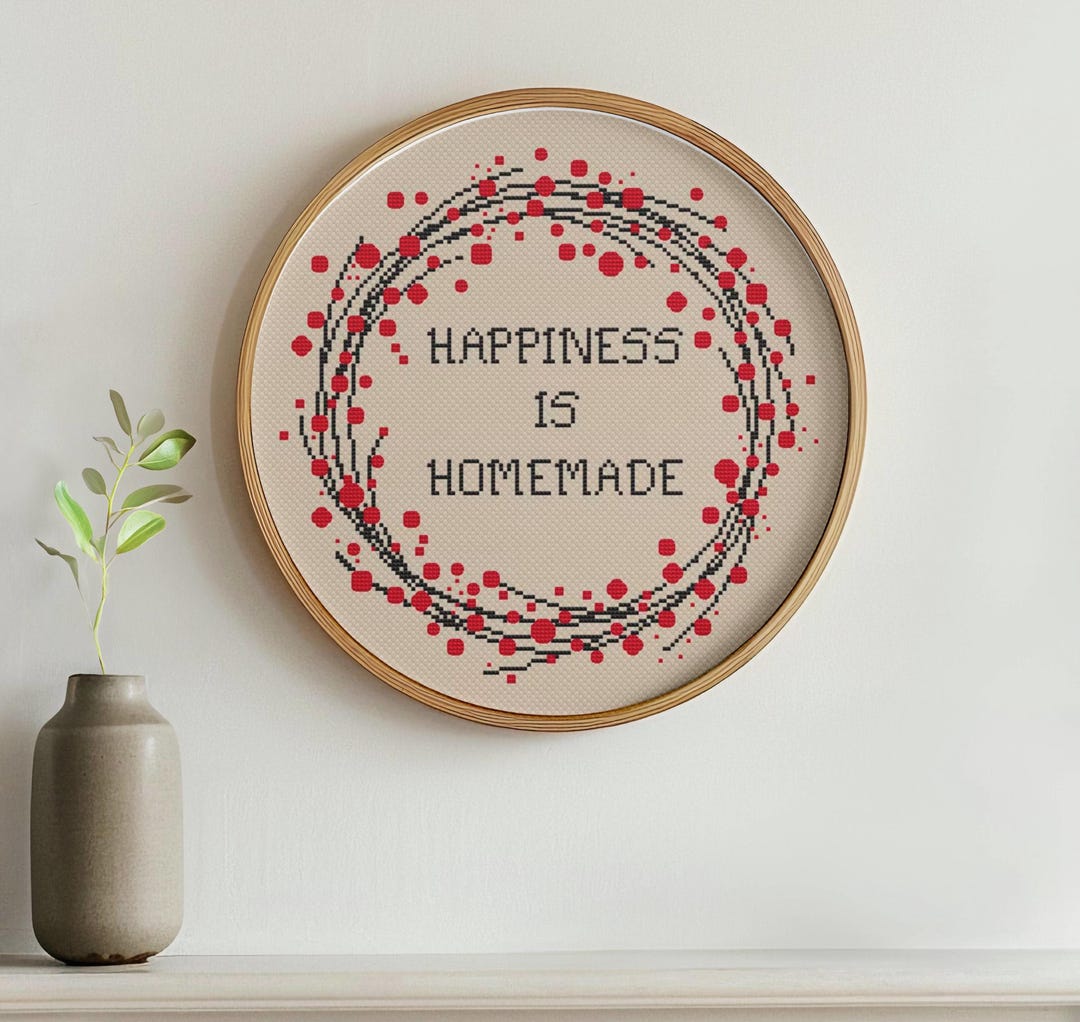 Happiness Cross Stitch Pattern, Happiness is Homemade, Wreath, Sayings ...