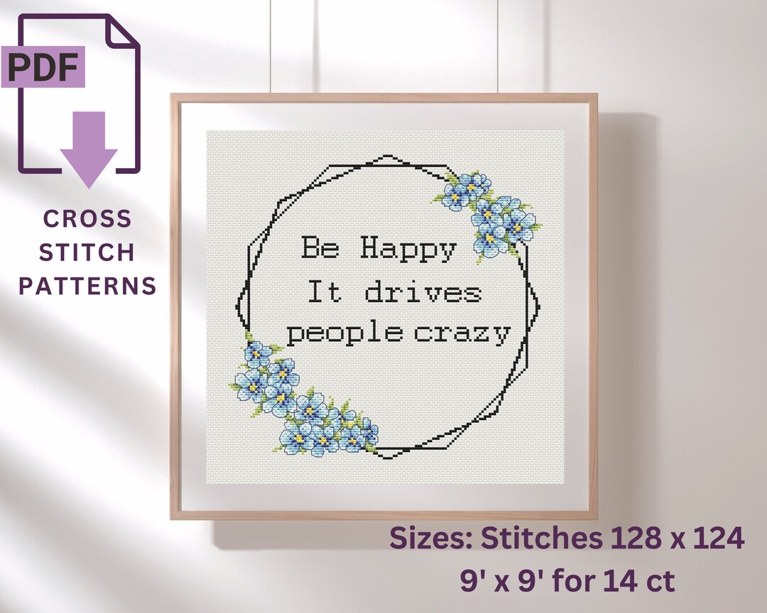 Be Happy Cross Stitch Pattern, Flowers Wreath Cross Stitch, Sayings ...