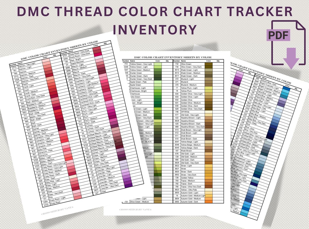 Printable DMC Thread Color Chart Tracker Inventory, Cross Stitch ...