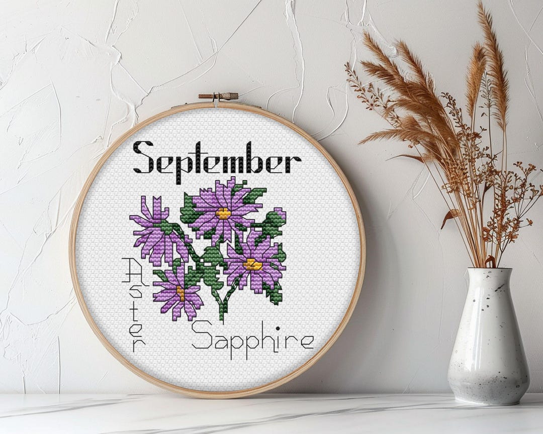 Mini Birth Flower Cross Stitch Pattern, Aster Sapphire September Stitch ...