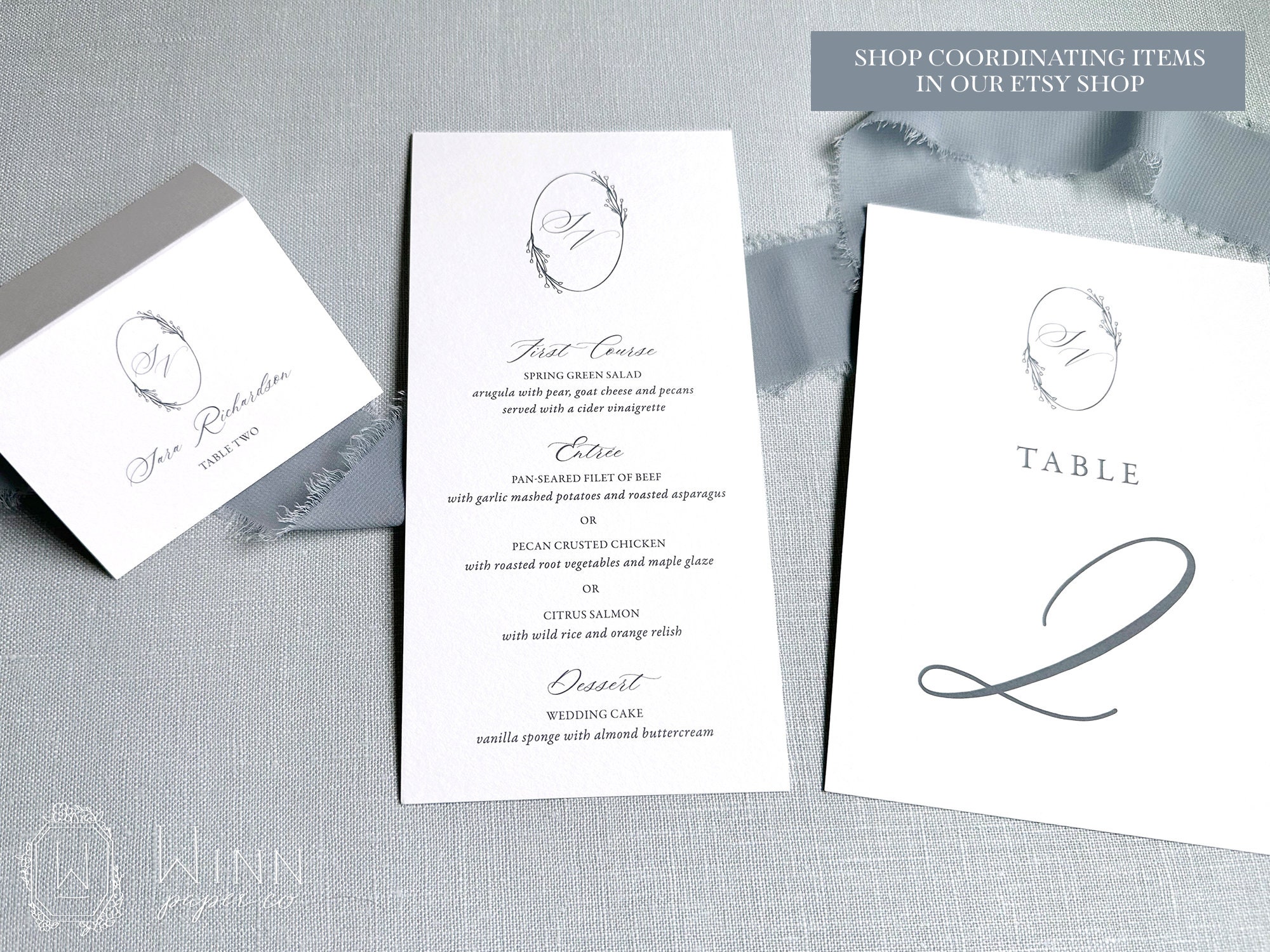 DEPOSIT Printed Tulip Monogram Crest Wedding Menu, Classic Reception ...