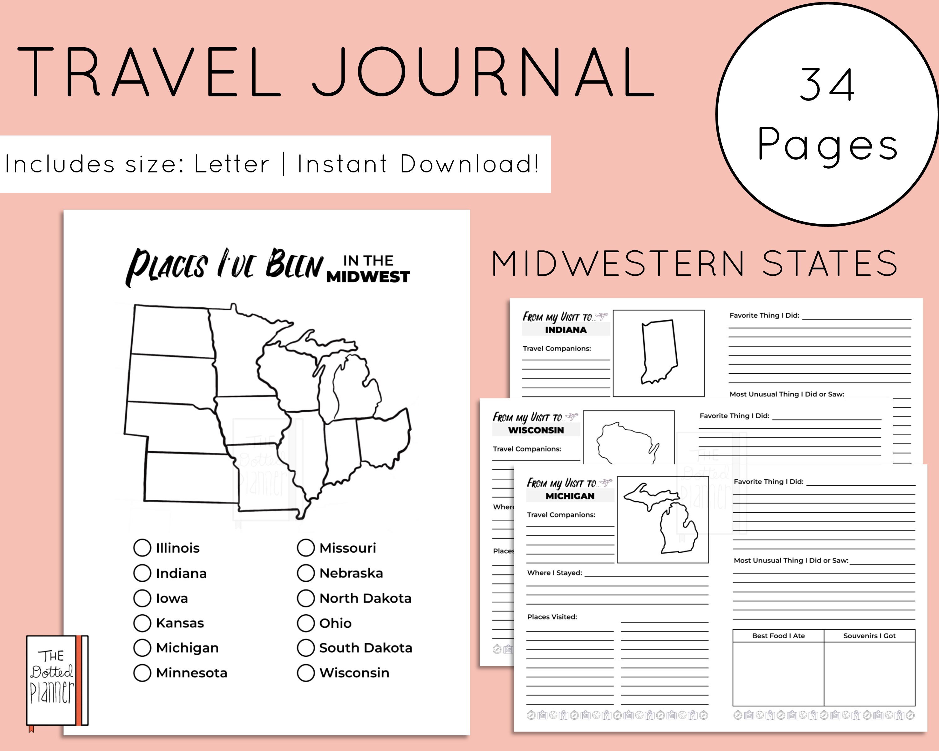 Printable Travel Journal Pages | Midwestern US Travel Journal ...