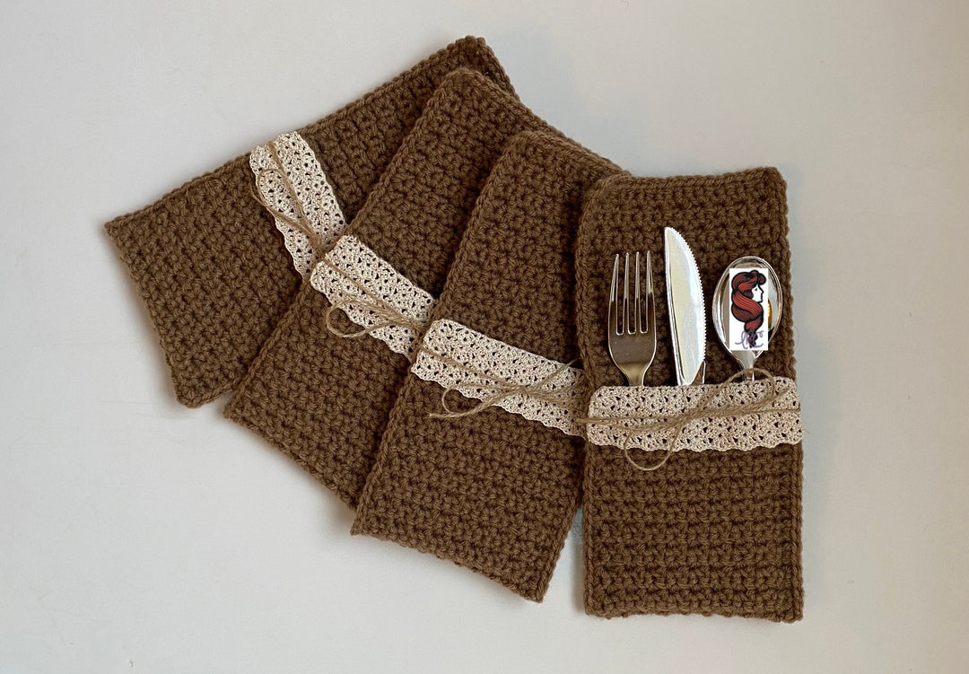 Crochet Utensil Pockets (set of 4): Rustic Lace Fringe Table Decor - Etsy