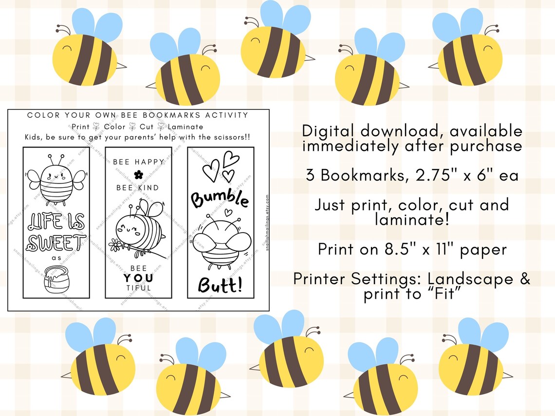 PRINTABLE Coloring Bee Themed Bookmarks for Kids | PDF Bookmarks ...
