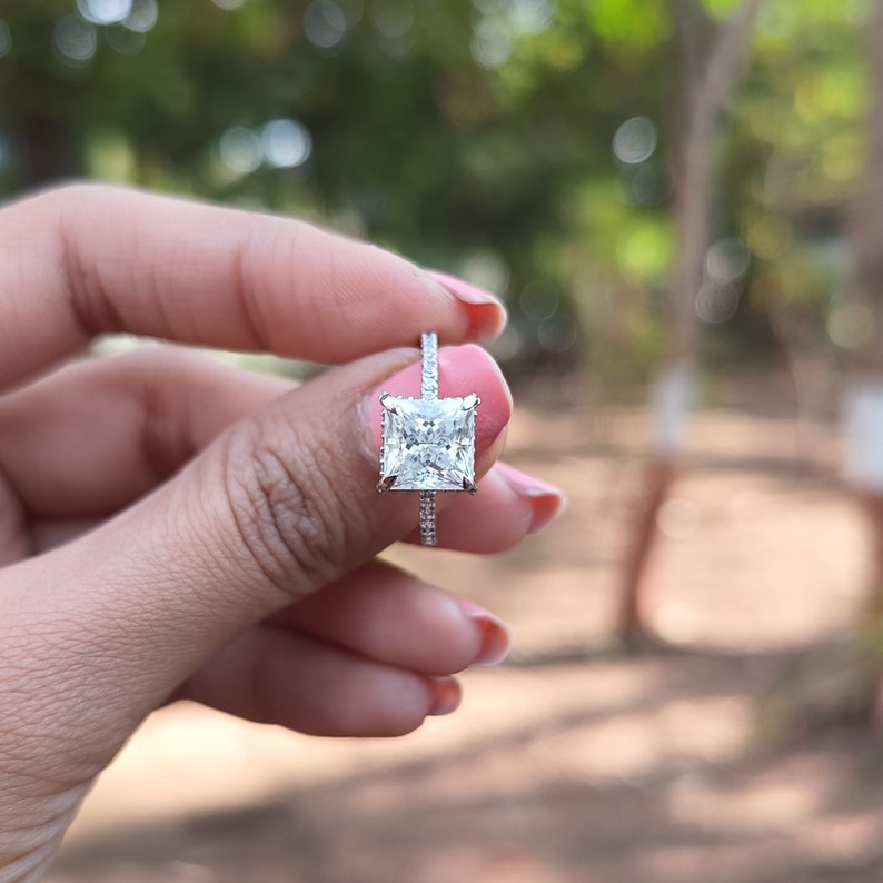 8mm Princess Cut Hidden Halo Engagement Ring, 925 Silver Half Eternity ...