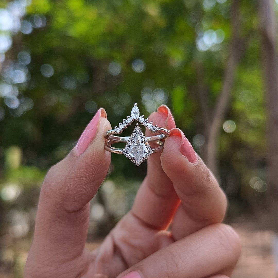 9x6mm Kite Cut Diamond Halo Engagement Ring With V Shaped Matching Band ...