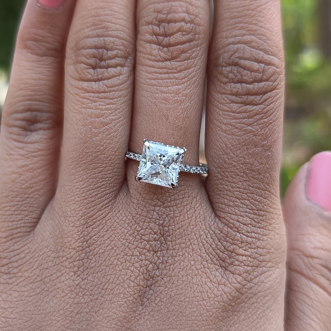 8mm Princess Cut Hidden Halo Engagement Ring, 925 Silver Half Eternity ...