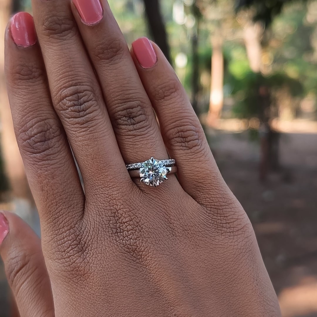 Round Solitaire Stacking 9mm Engagement Ring Set, Half Eternity Band, 2 ...