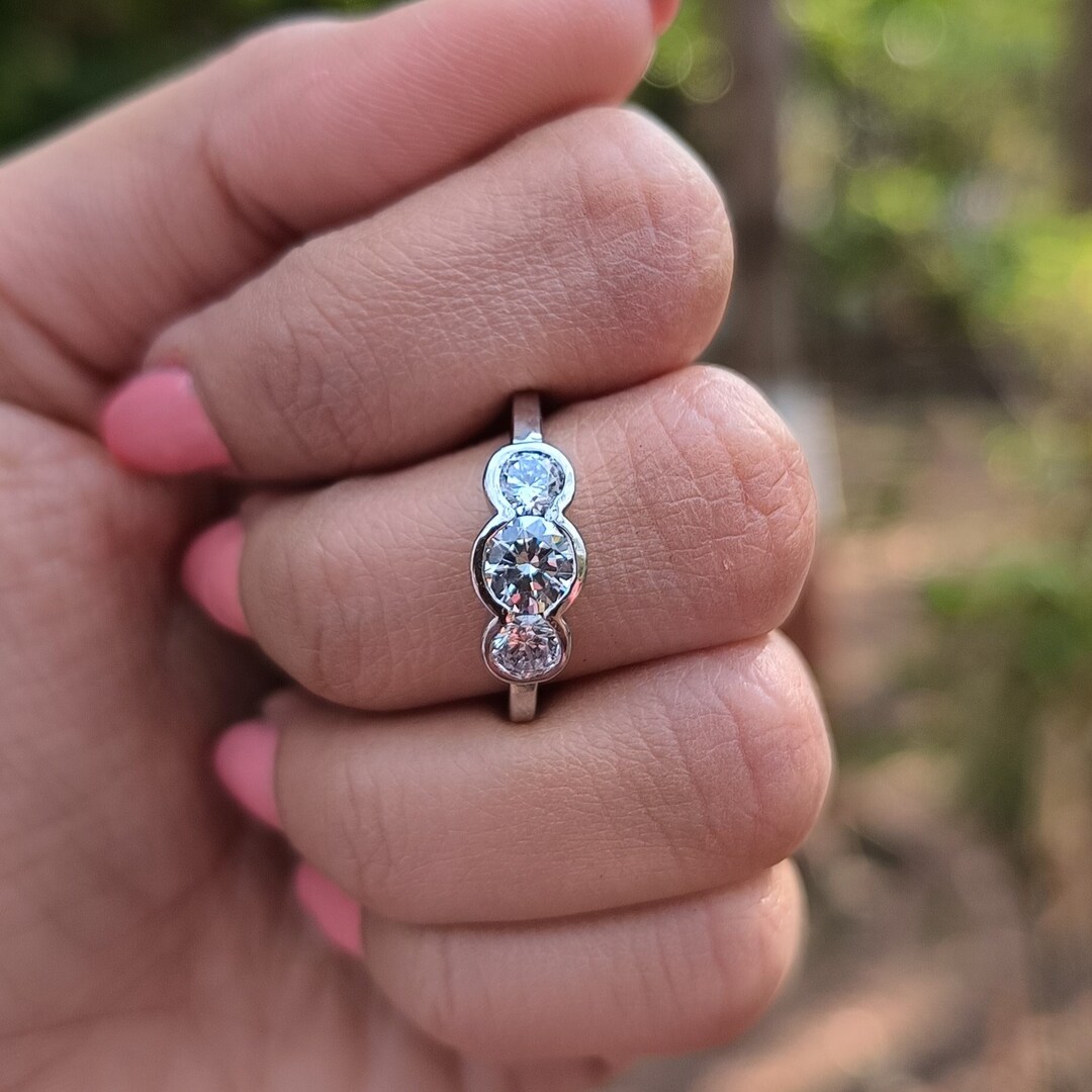 Round Cut Bezel Silver Diamond Ring, Three Stone Wedding Ring, Amazing ...