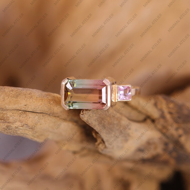 Octagon Watermelon Tourmaline Wedding Ring, 14k Yellow Gold Ring ...