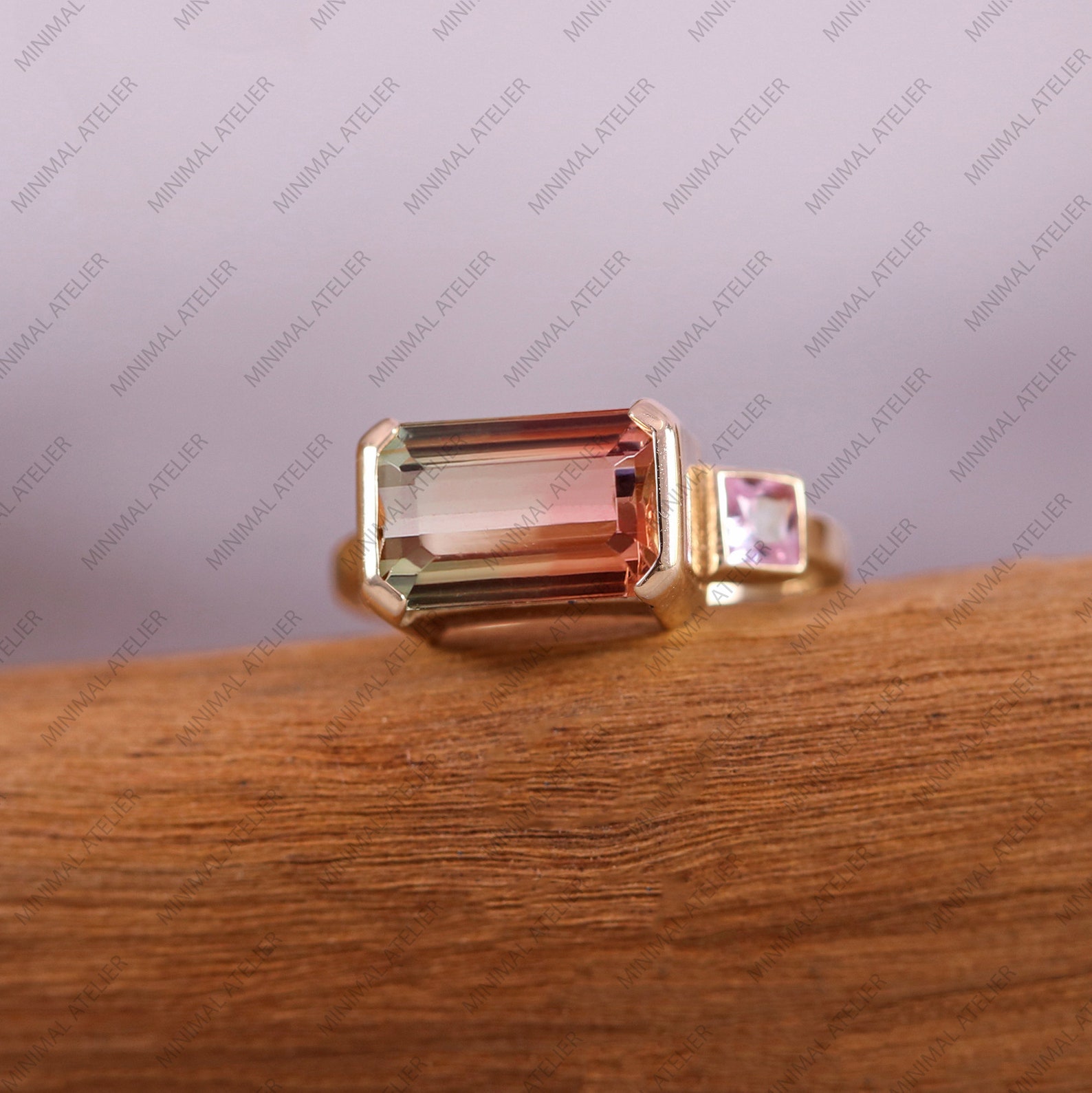 Octagon Watermelon Tourmaline Wedding Ring, 14k Yellow Gold Ring ...