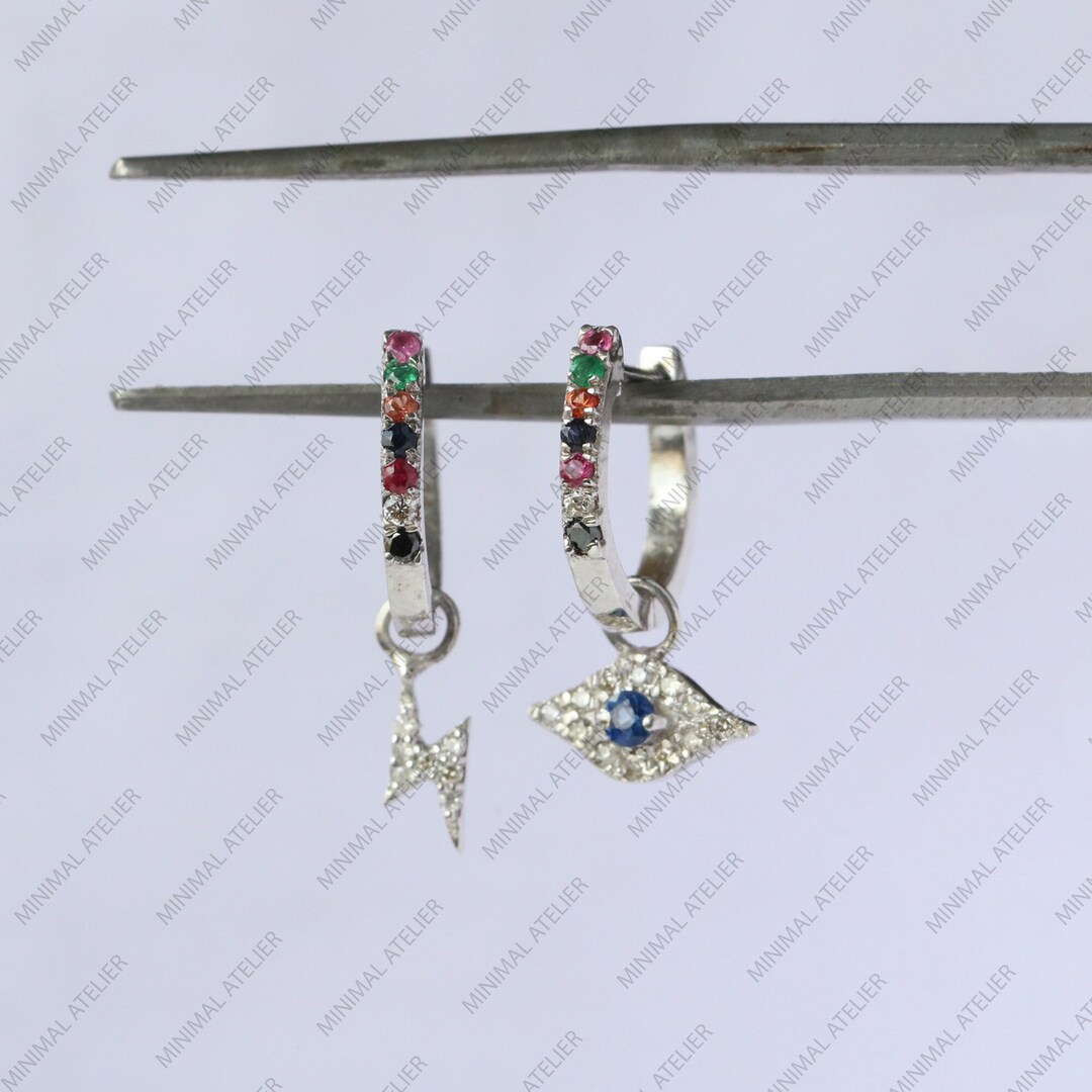 Multi Sapphire Drop Hoops Earring, Lab Grown Diamonds Evil Eye Hoops ...