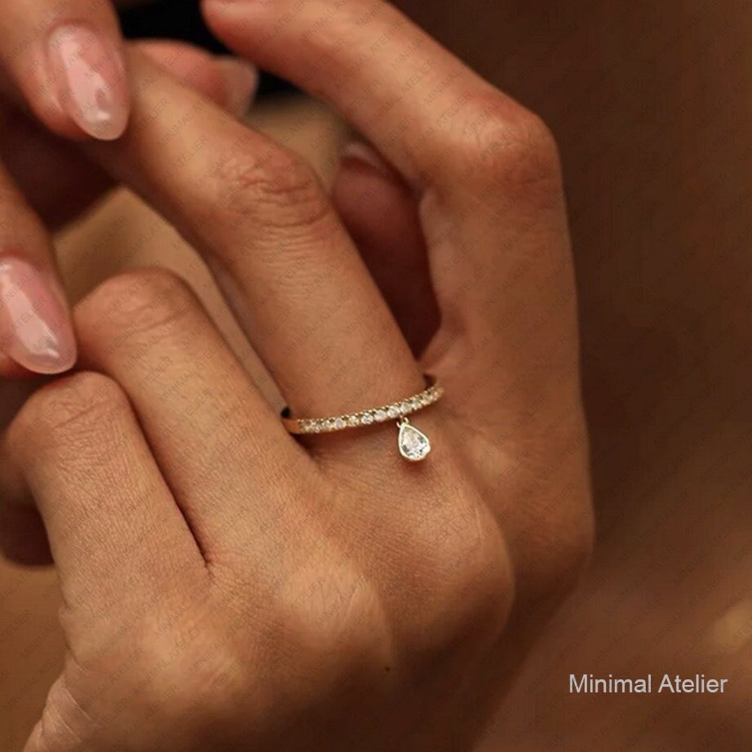 Solid 14k Gold Pear Drop Diamond Ring, Teardrop Studded Diamond Band ...