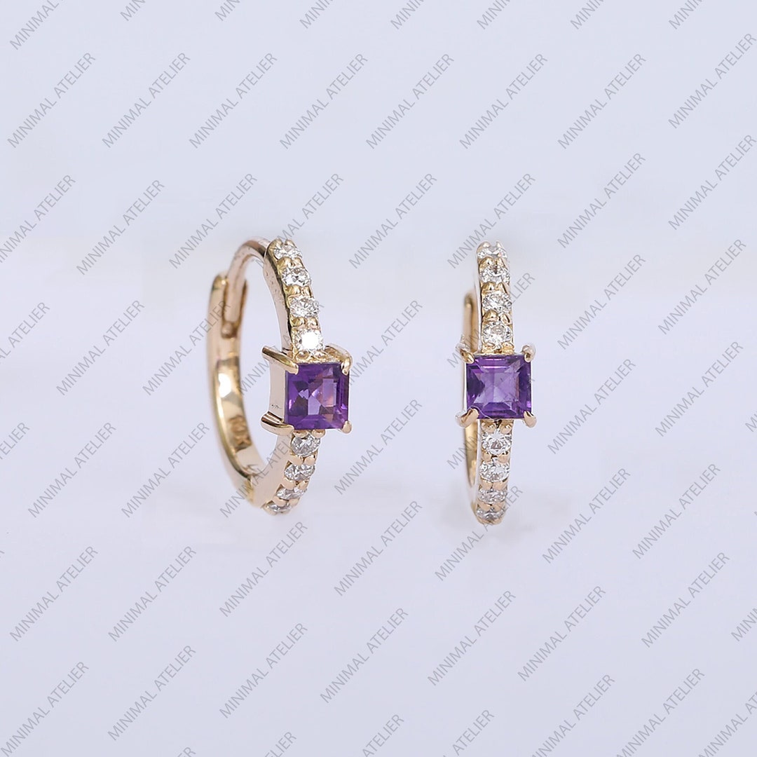 Princess Amethyst Gemstone Hoop | Pave Lab Grown Diamonds Earring | 14k ...