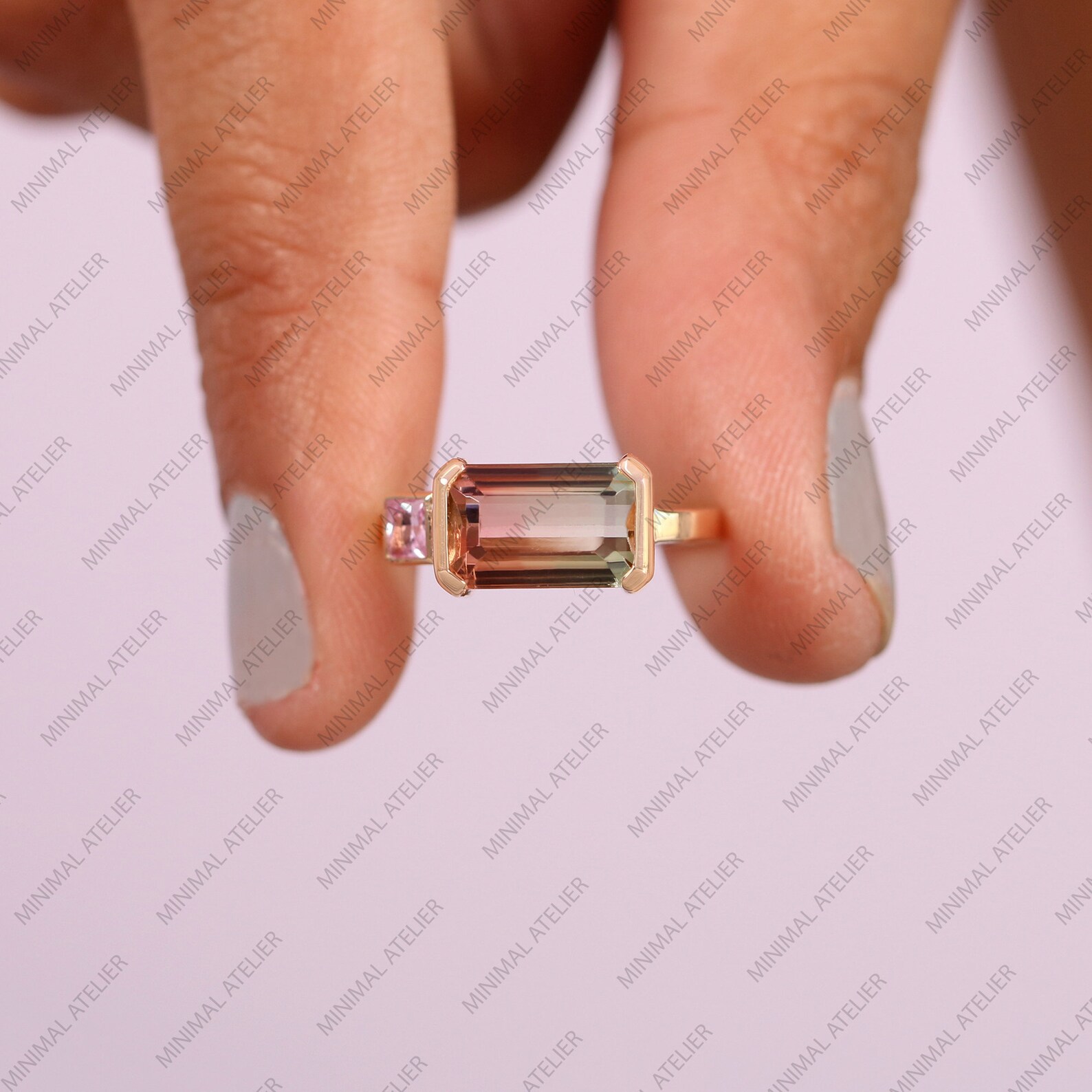 Octagon Watermelon Tourmaline Wedding Ring, 14k Yellow Gold Ring ...