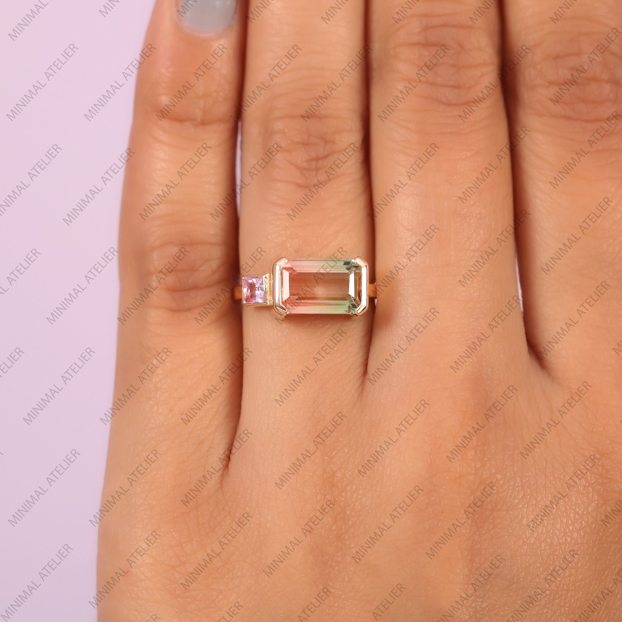 Octagon Watermelon Tourmaline Wedding Ring, 14k Yellow Gold Ring ...