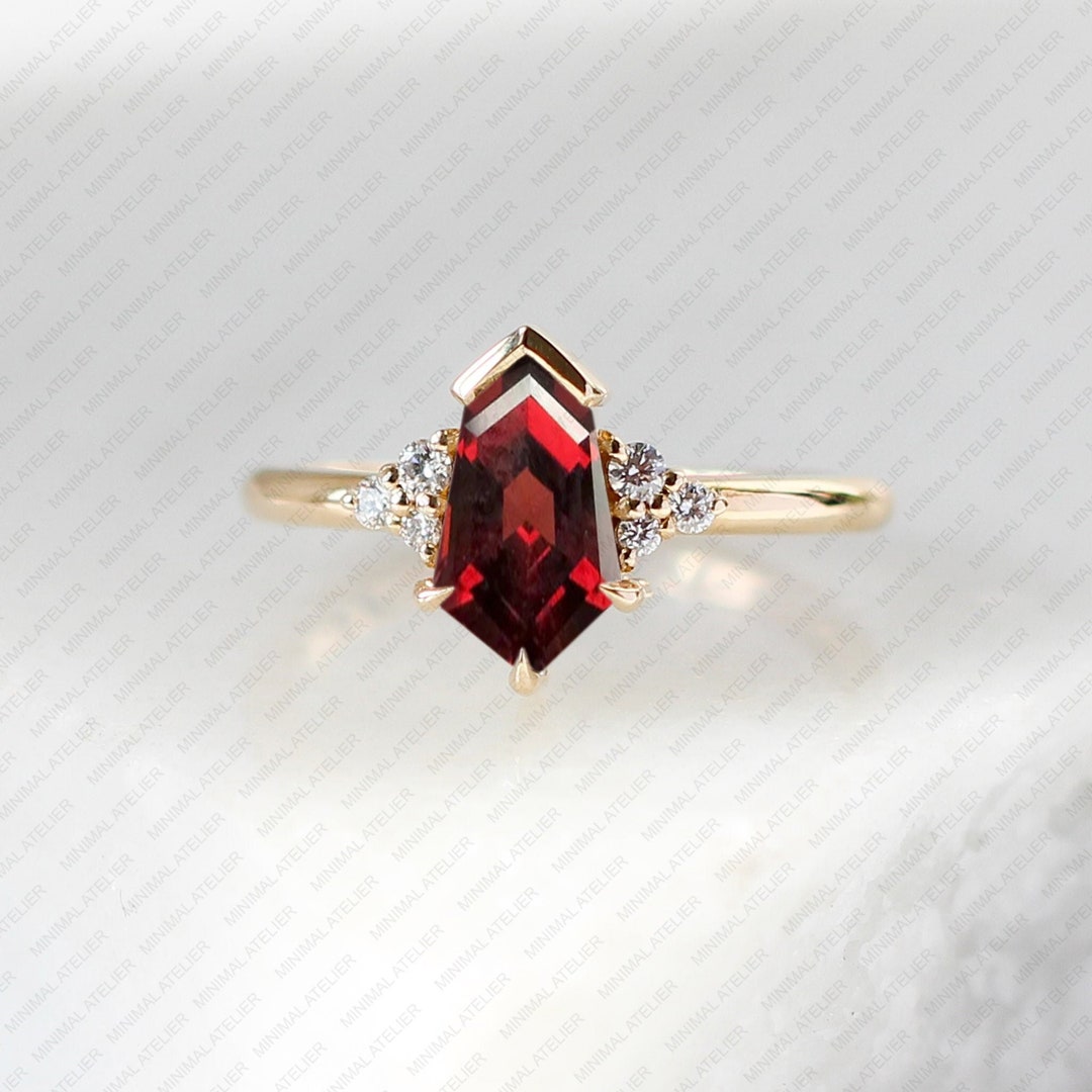 Hexagon Cut Garnet Engagement Ring, Lab Grown Diamond Wedding Ring ...