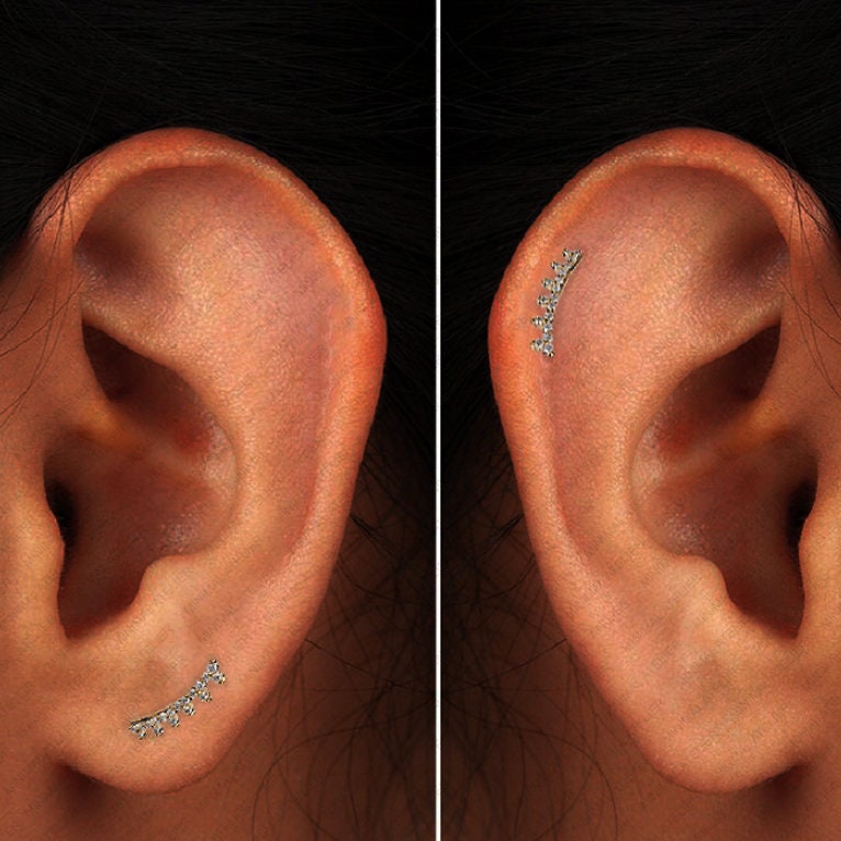 Lab Grown Diamond Curved Crescent Bar Ear Climber Crawler Earring Solid ...