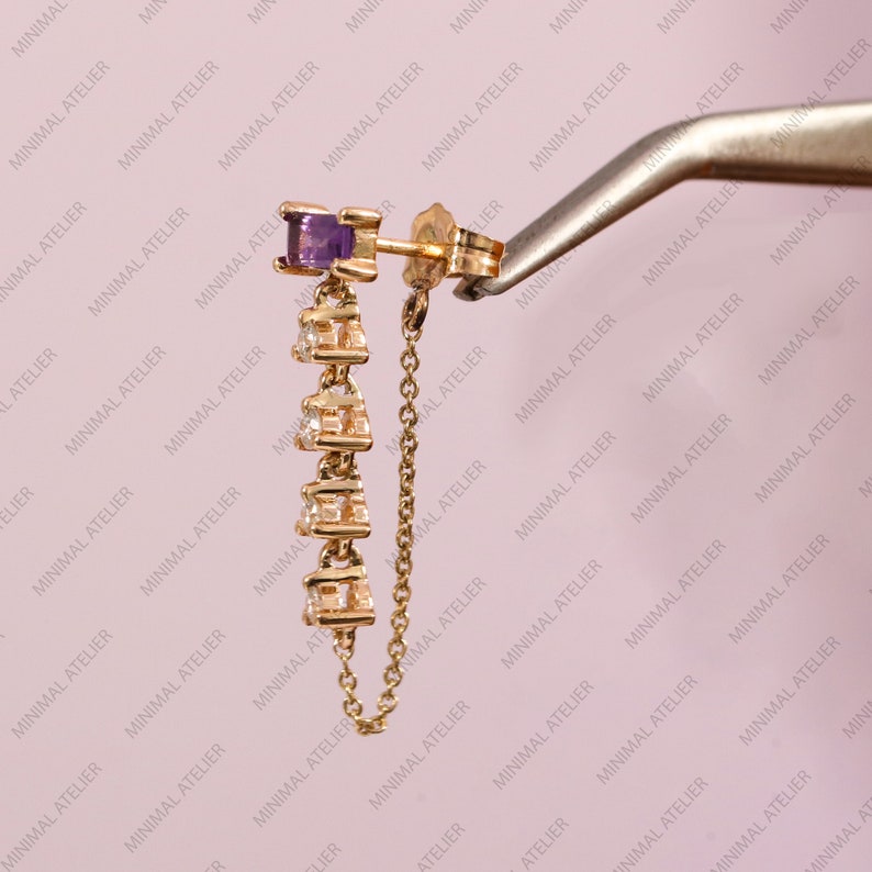 Baguette Amethyst Drop Chain Wrap Earring, 14K Yellow Gold Studs, Lab ...