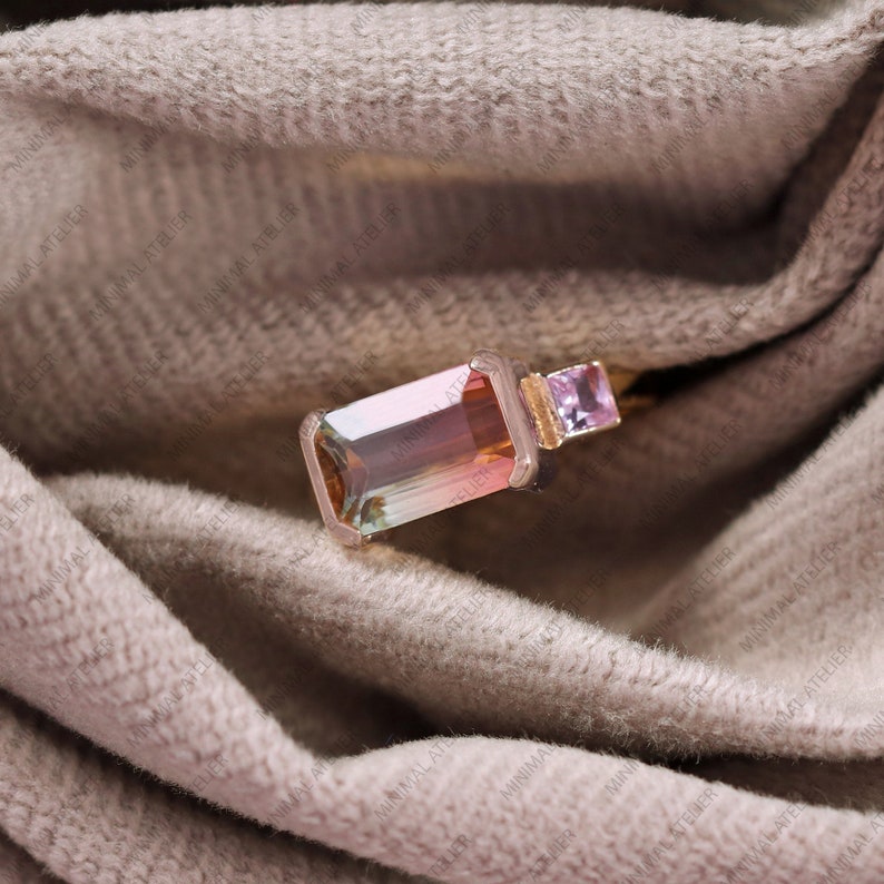 Octagon Watermelon Tourmaline Wedding Ring, 14k Yellow Gold Ring ...