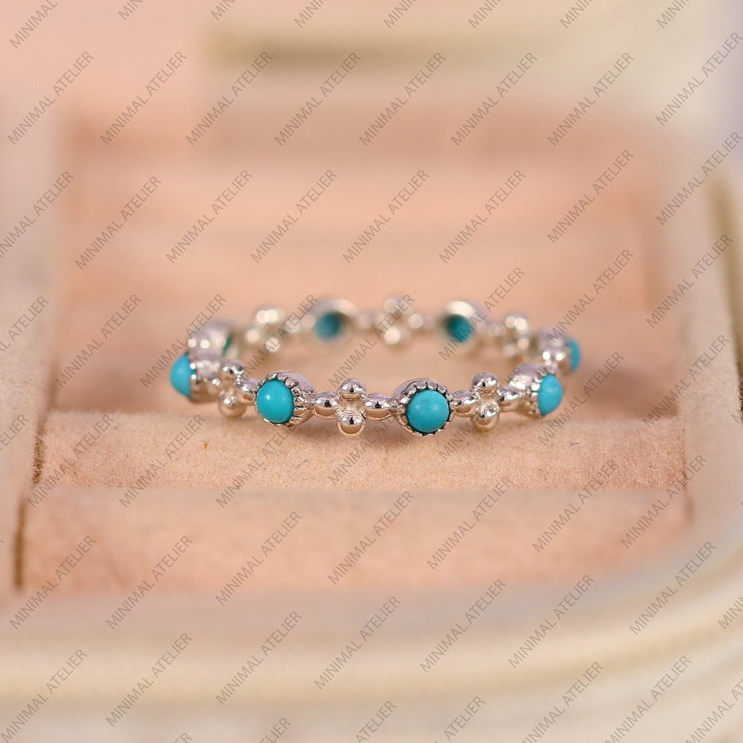 Turquoise & Clover Wedding Ring, 925 Sterling Silver Band Ring ...