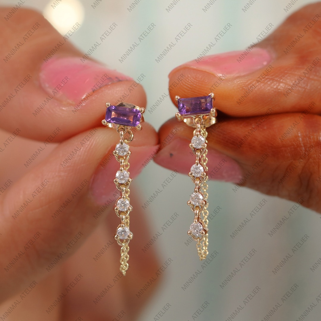 Baguette Amethyst Drop Chain Wrap Earring, 14K Yellow Gold Studs, Lab ...