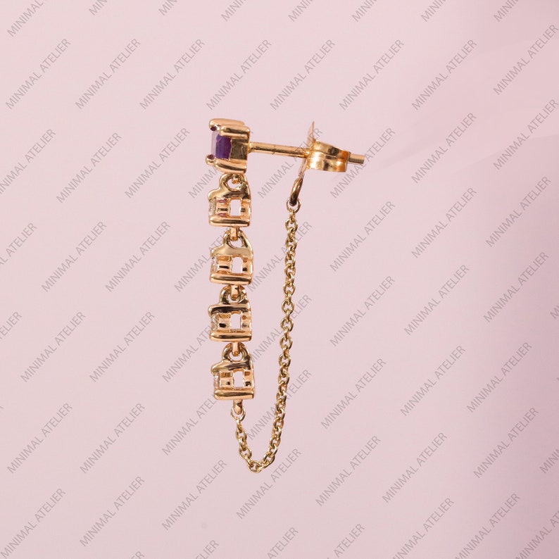 Baguette Amethyst Drop Chain Wrap Earring, 14K Yellow Gold Studs, Lab ...