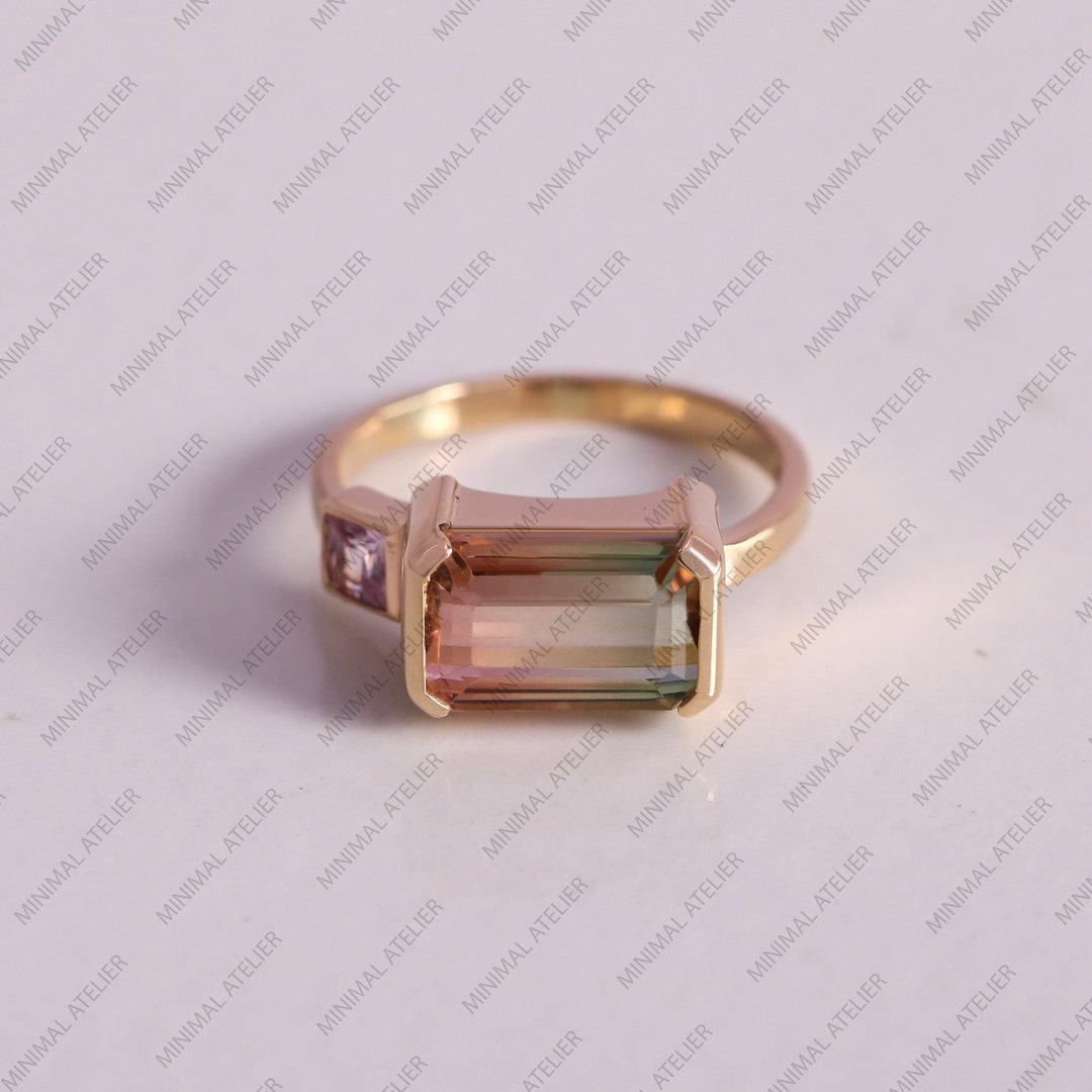 Octagon Watermelon Tourmaline Wedding Ring, 14k Yellow Gold Ring ...