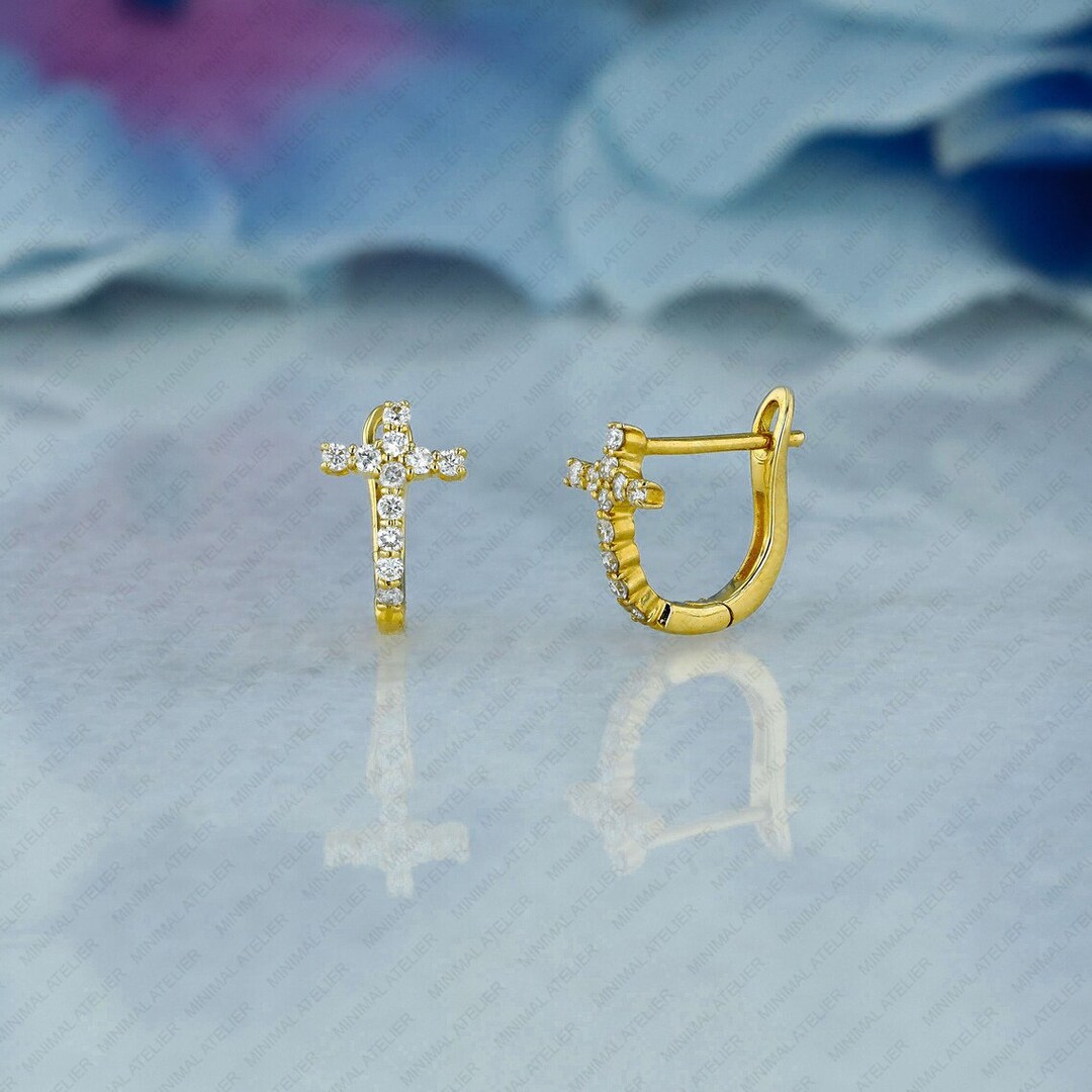 Diamond Cross Hoop Earring Lab Grown Diamond Open Hoop Solid - Etsy