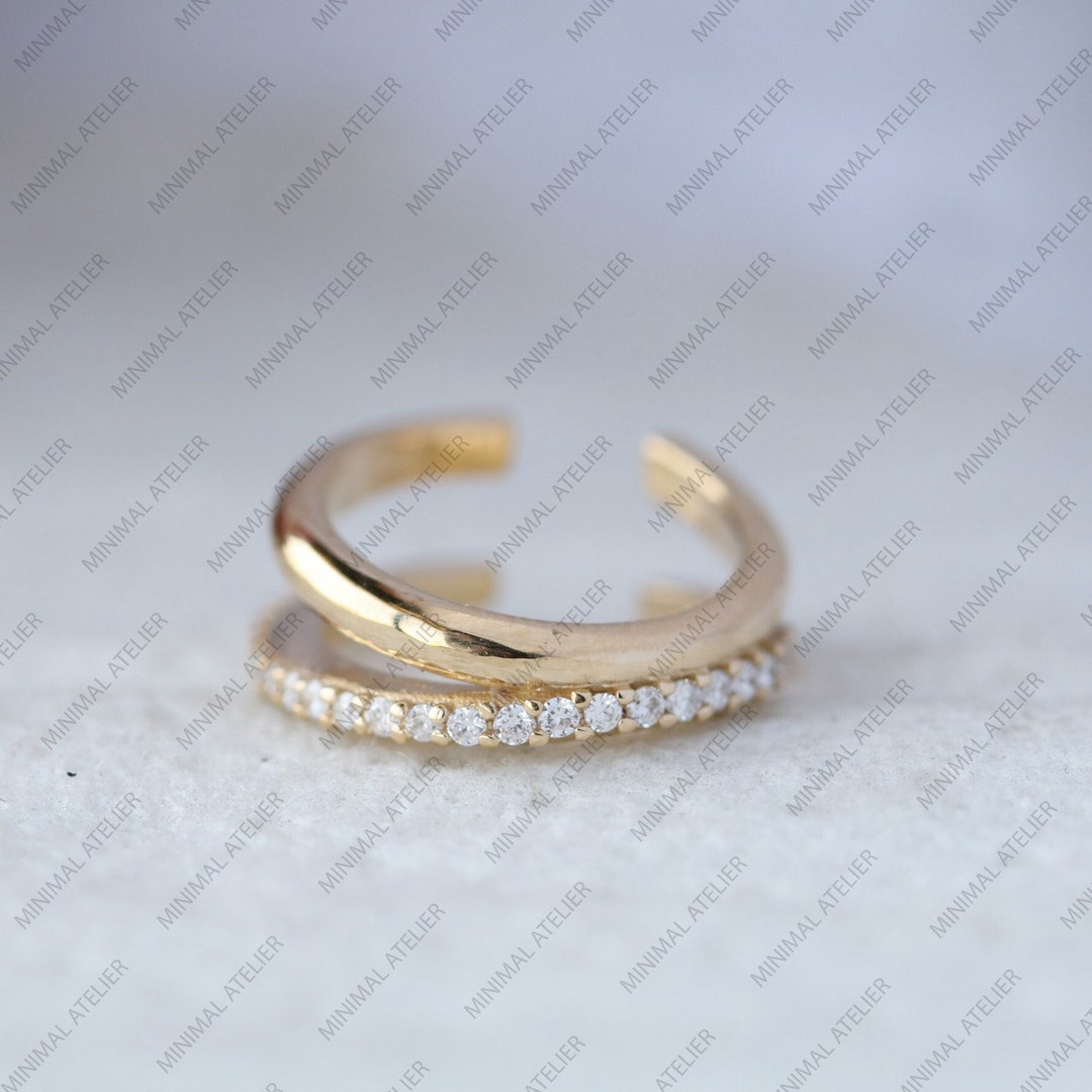 Cuff Hoop Diamond Double Band Earring 14k Yellow Gold & Minimalist Fine ...