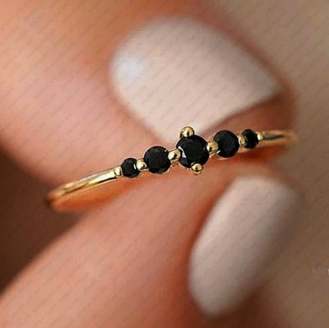 Five Black Diamond Graduation Ring, Solid 14K Gold Dainty Ring, Thick ...