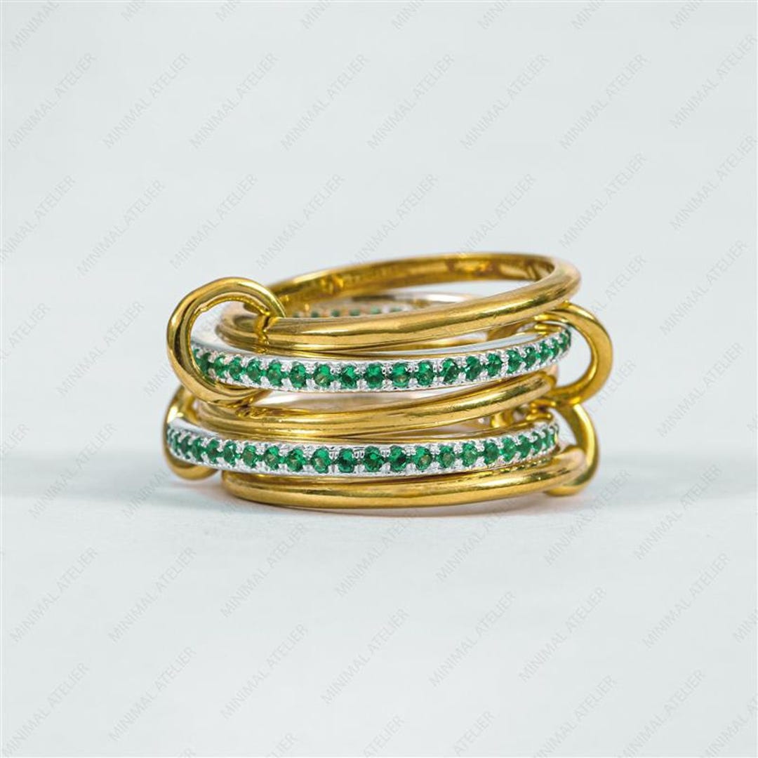 Emerald Connected Stacker Gold Linked Spinner Ring, Five Band Ring ...