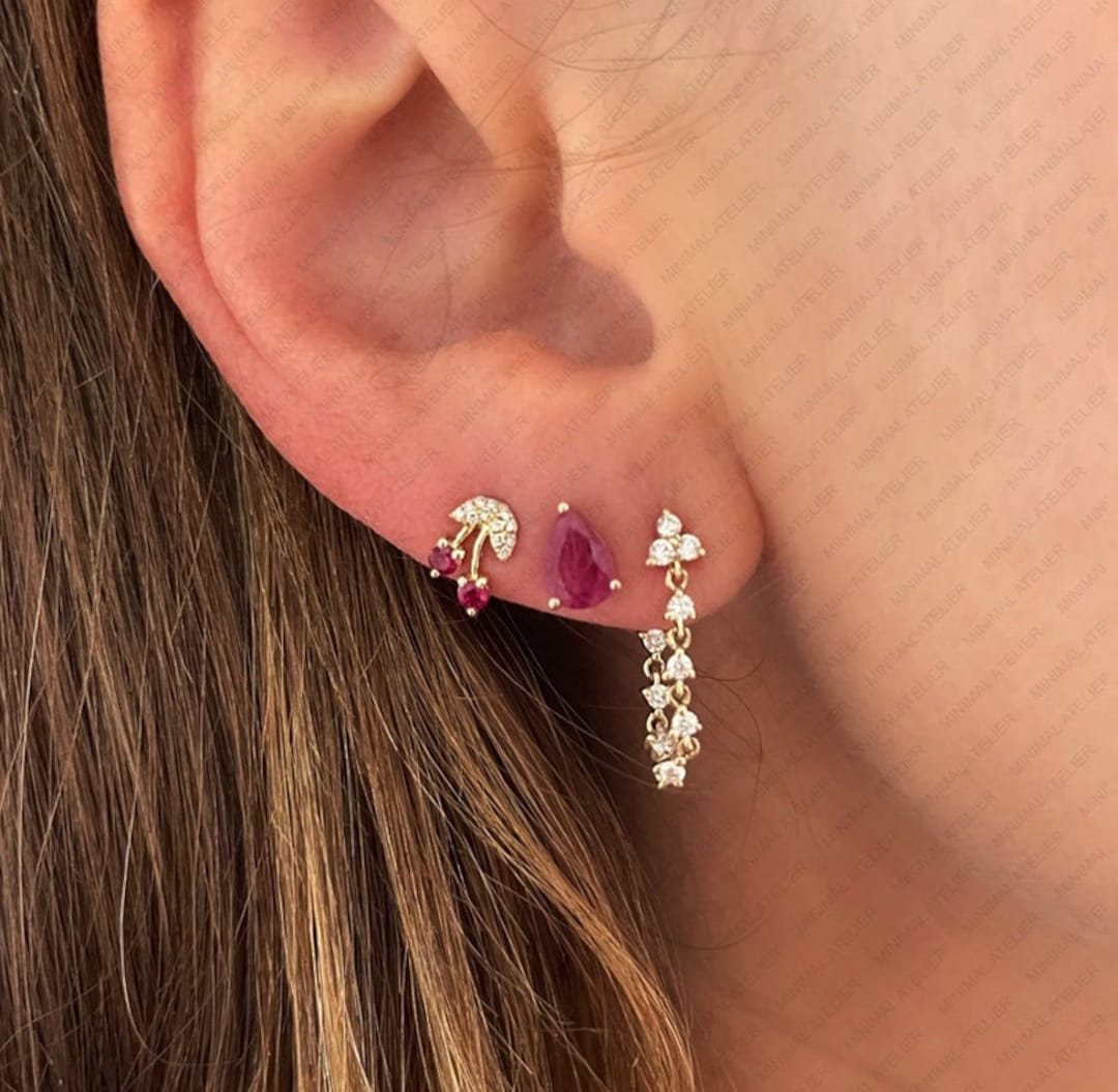 0.36ct Trio Lab Grown Diamond Stud Chain Loop Earring Solid 14k Yellow ...