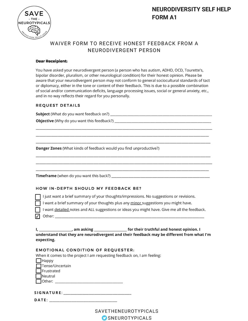 Feedback Waiver Form A1 (save the Neurotypicals) - Etsy