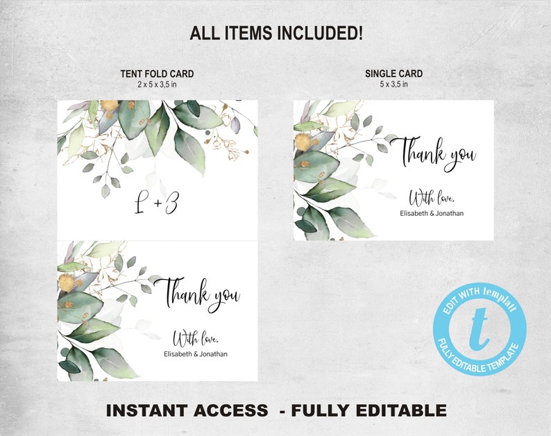 Eucalyptus Thank You Card Printable Watercolor Greenery - Etsy