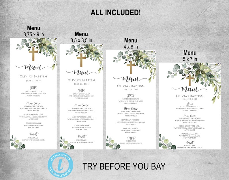 Baptism Menu Cards Template Boho Christening Menu Template - Etsy
